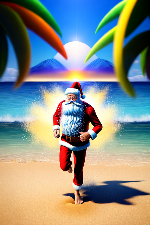 surreal digital art depicting Santa Claus running barefoot on a sunny ...