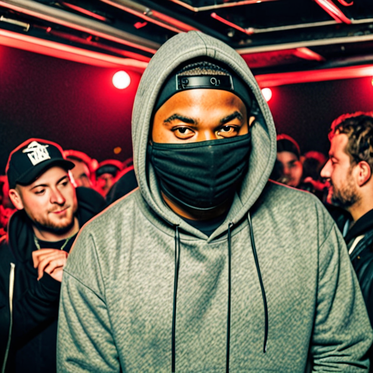 dj with masker and hoodie group in amsterdam in a club