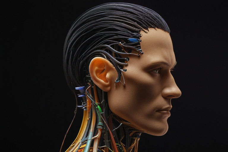 left profile of a futuristic human head made from optical fibre with ...