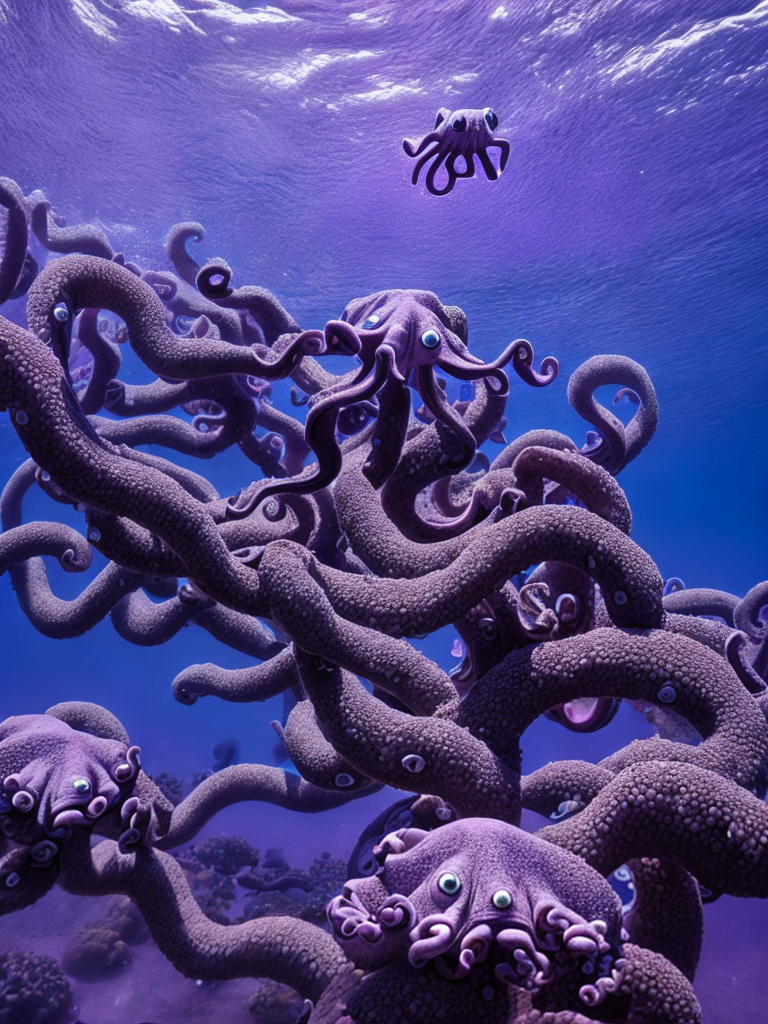 Purple octopuses float in a clear sky