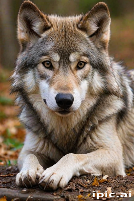 Majestic Wolf Resting Among Autumn Leaves in a Serene Forest Setting