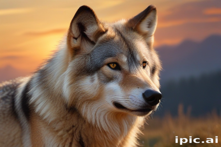 A Majestic Wolf Staring Into the Sunset Amidst Scenic Mountains.