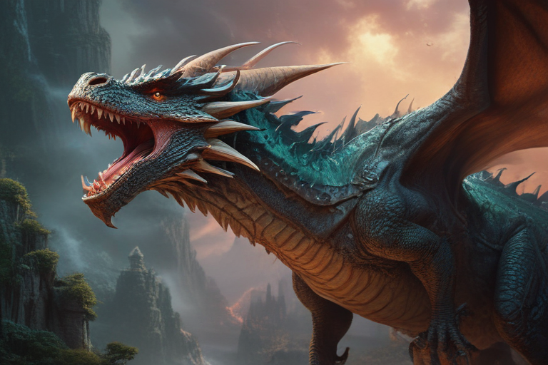 Majestic Dragon Soars Over a Stunning Fantasy Landscape at Sunset.