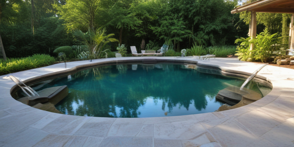 Tranquil Backyard Oasis Featuring a Beautiful Circular Swimming Pool ...