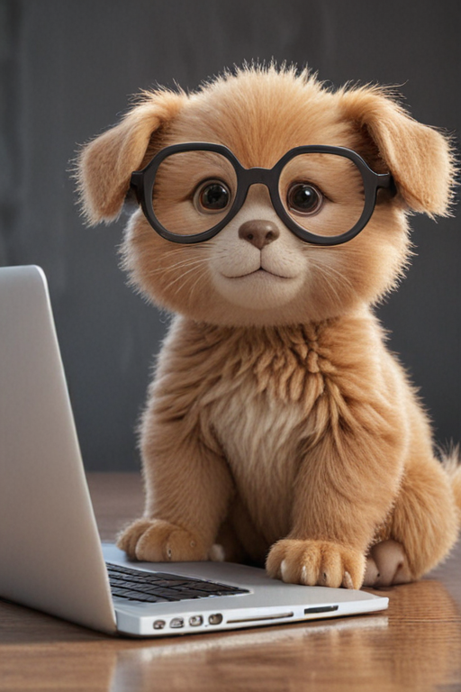 Cute animal writing on a laptop, 3d picture