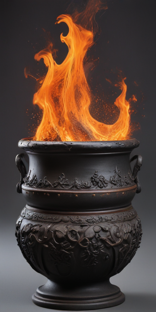 Intricately Designed Black Pot Filled with Lively, Dancing Flames and ...