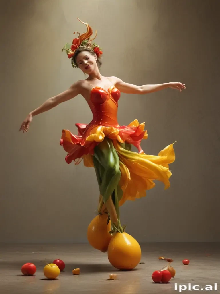 Whimsical Dancer in Vibrant Fruit-Inspired Costume Balancing on Citrus Orbs