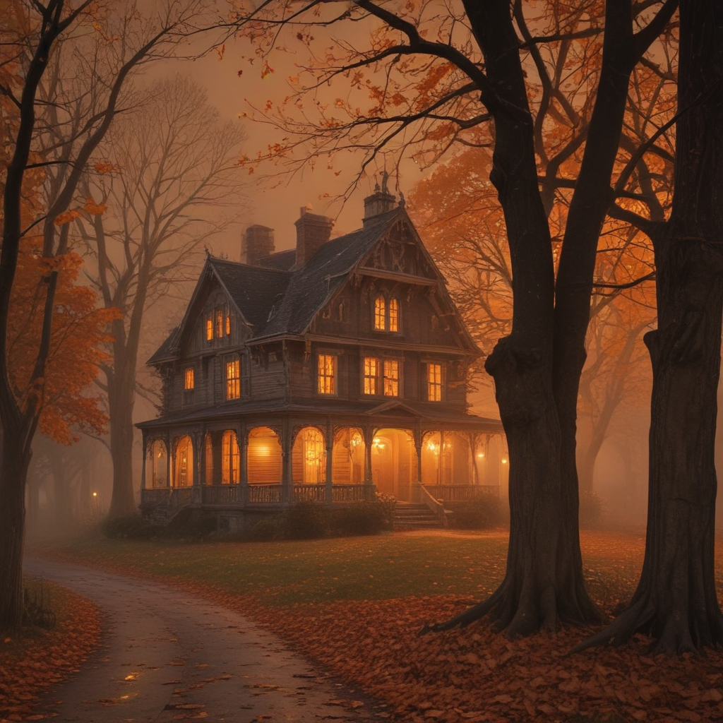 Enchanting Autumn Evening: A Cozy Victorian House Illuminated by Soft Glow