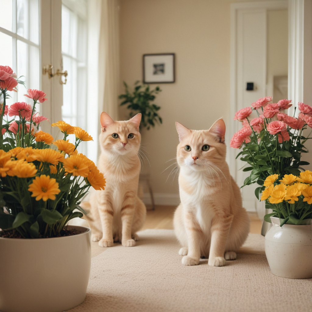 cartoon blonde cat admiring here flowers in her room