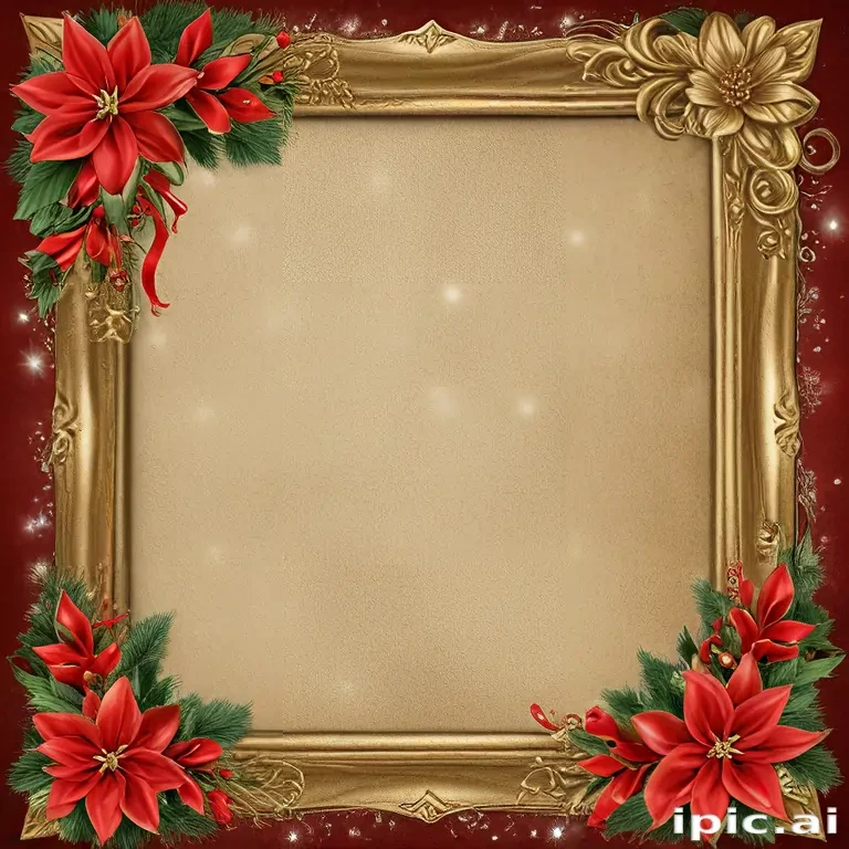 Festive Holiday Frame Decorated with Red Poinsettias and Golden Accents