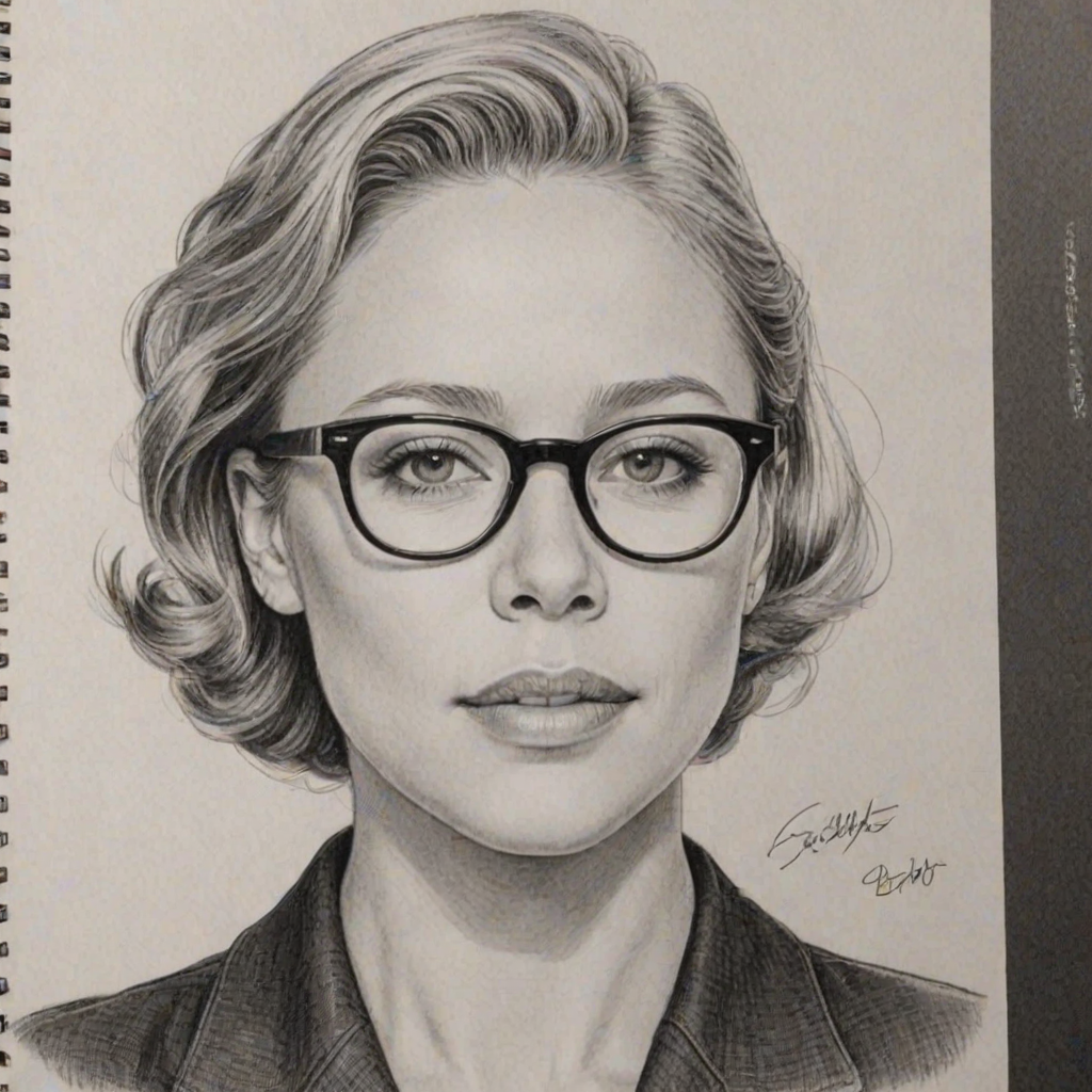 Intricate Pencil Sketch of a Woman with Glasses and Short Hair