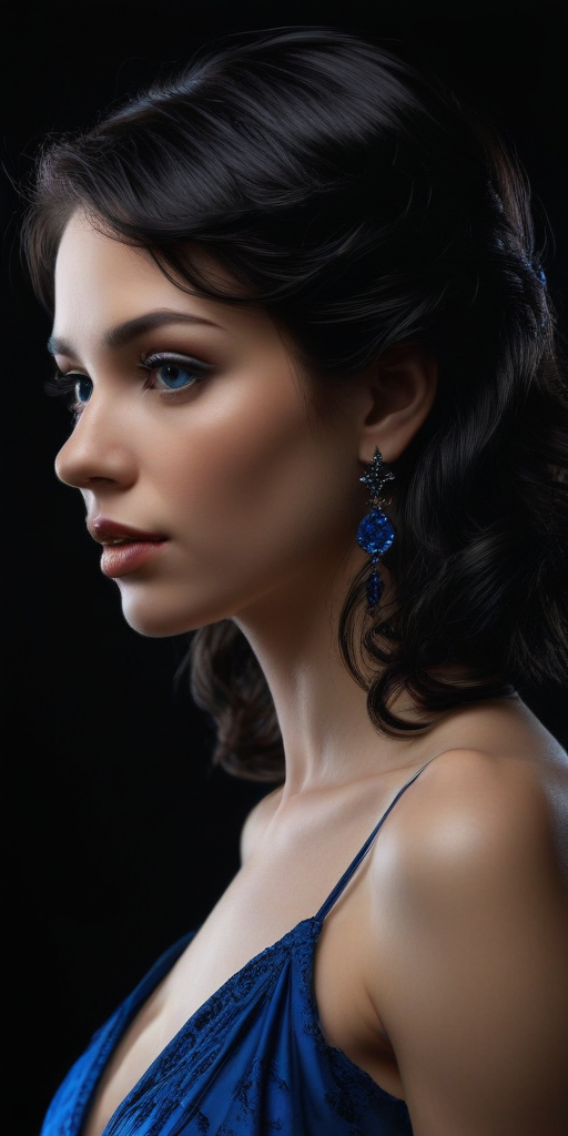Elegant Profile of a Young Woman Wearing a Stunning Blue Dress