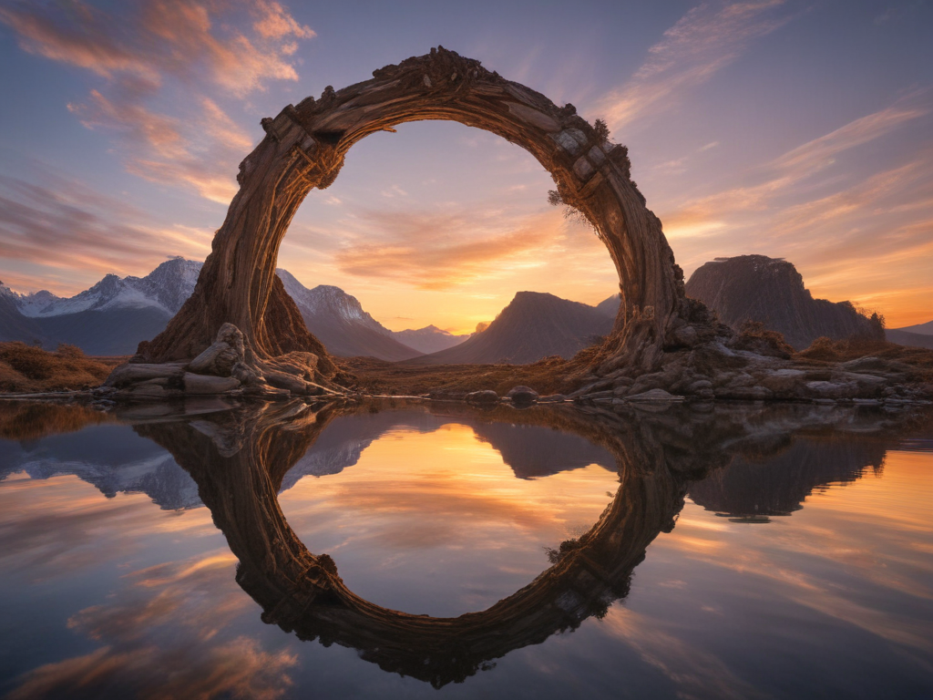Serene Sunset Reflection Through a Majestic Natural Arch Over Water