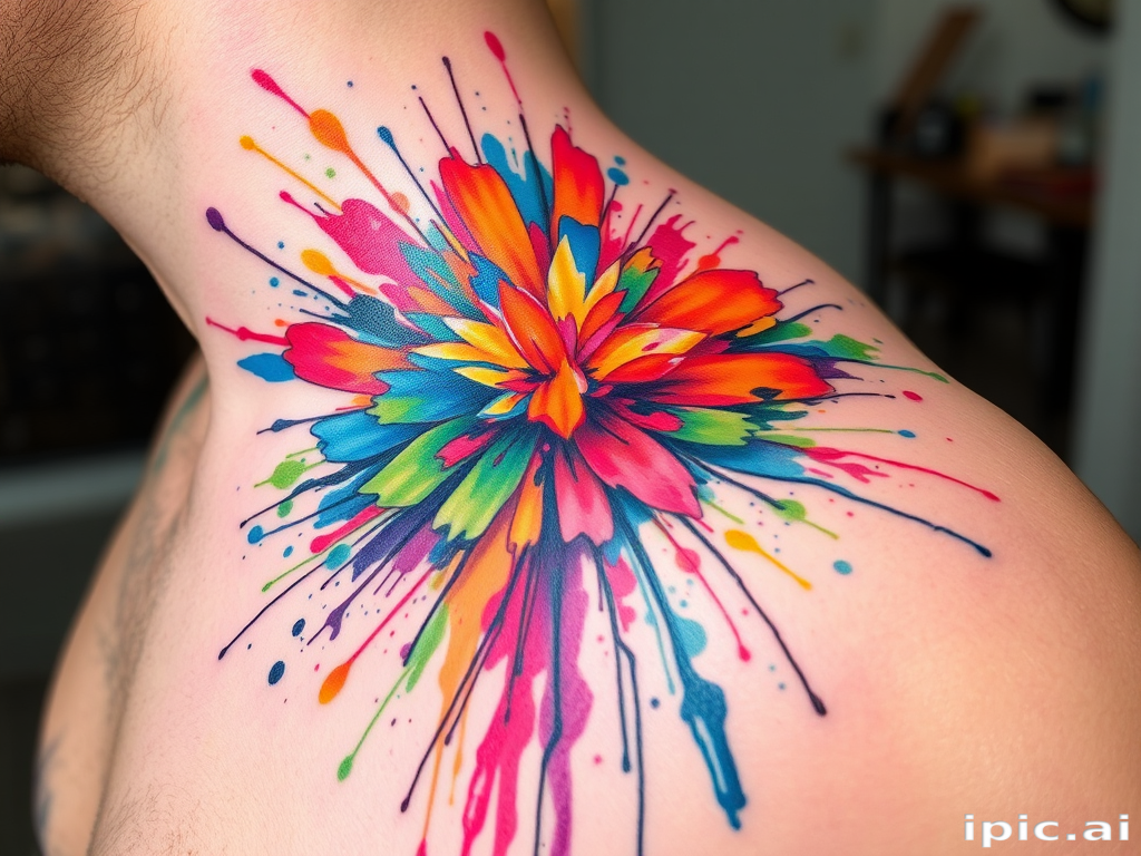 Vibrant Floral Tattoo Design with Colorful Splashes on Shoulder