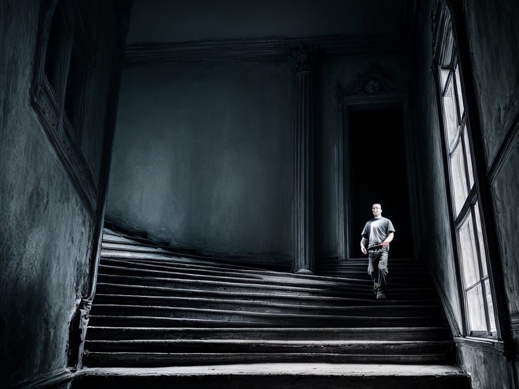dark house, dark stairs, man climbing the dark stairs