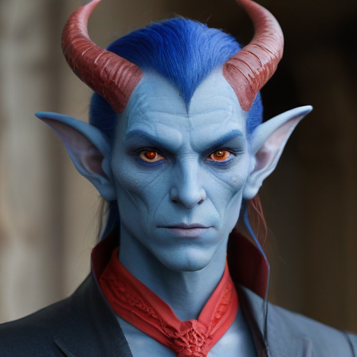 a tiefling wizard with blue skin and red eyes, fit