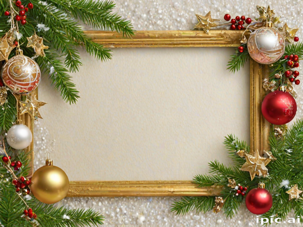 Festive Holiday Frame Surrounded by Christmas Ornaments and Greenery Decor