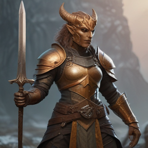 Female paladin copper dragonborn from Dungeons and Dragons holding a sword