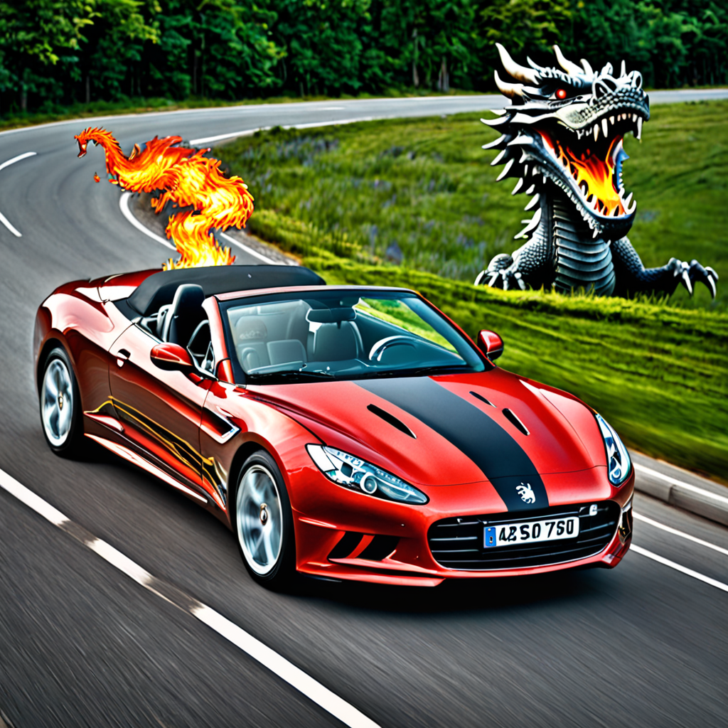 I want a flaming dragon to be driving a convertible car