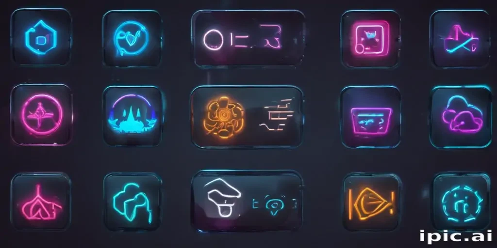 Colorful Neon Icons Representing Various Digital and Technology Concepts