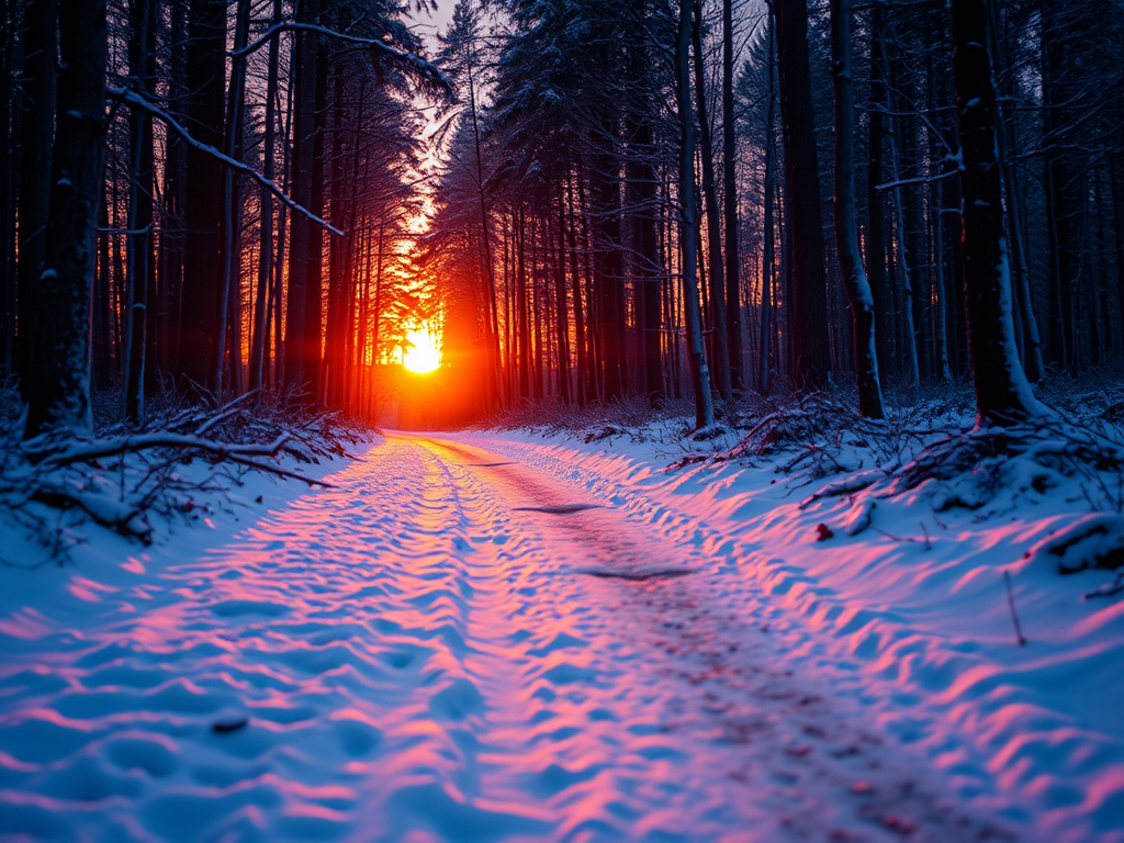 snowy forest path at sunset with warm orange and purple hues, soft ...