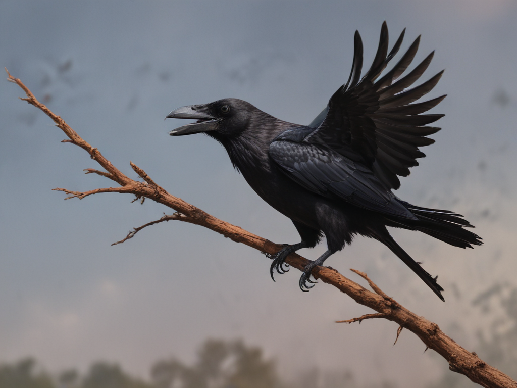 A Majestic Raven Spreading Its Wings on a Branch Against a Sky Background