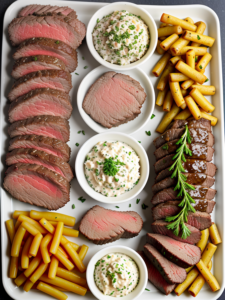 Deliciously Arranged Platter of Sliced Roast Beef with Creamy Sides