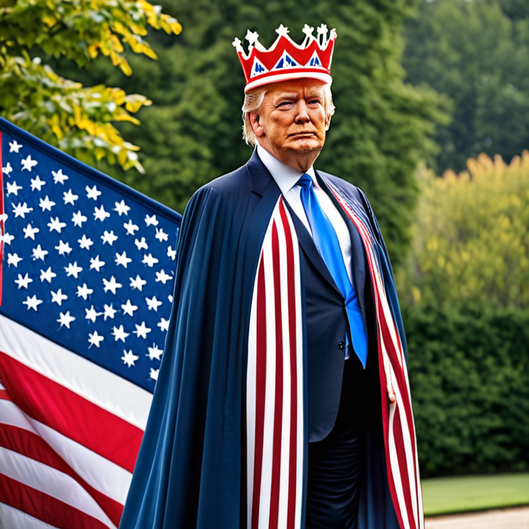 trump whit a crown and American flag cape