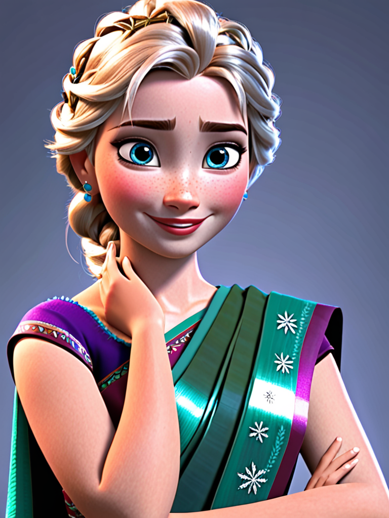 Elsa hug Anna in saree indian smile frozen disney smile look at camera ...