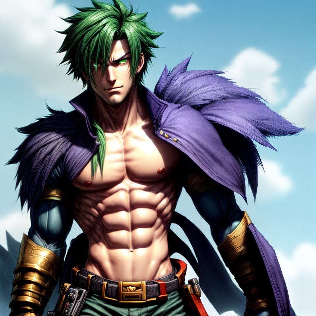 Male character, anime style, big green eyes, choppy green hair,
