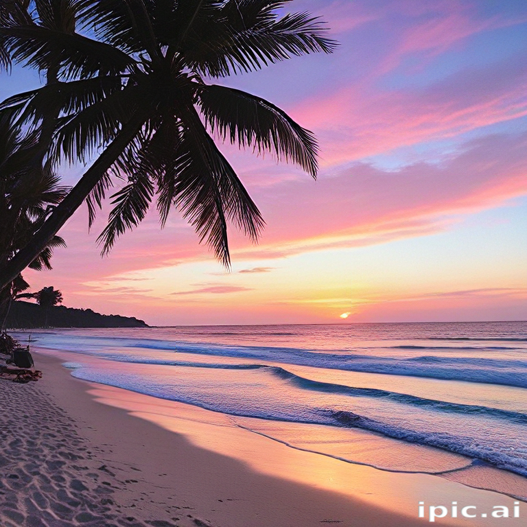 Serene Sunset Over Tranquil Beach with Palm Trees and Gentle Waves