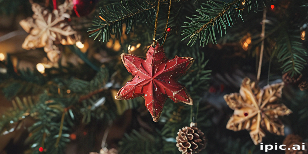 Beautifully Crafted Red Star Ornament Hanging on a Festive Christmas Tree