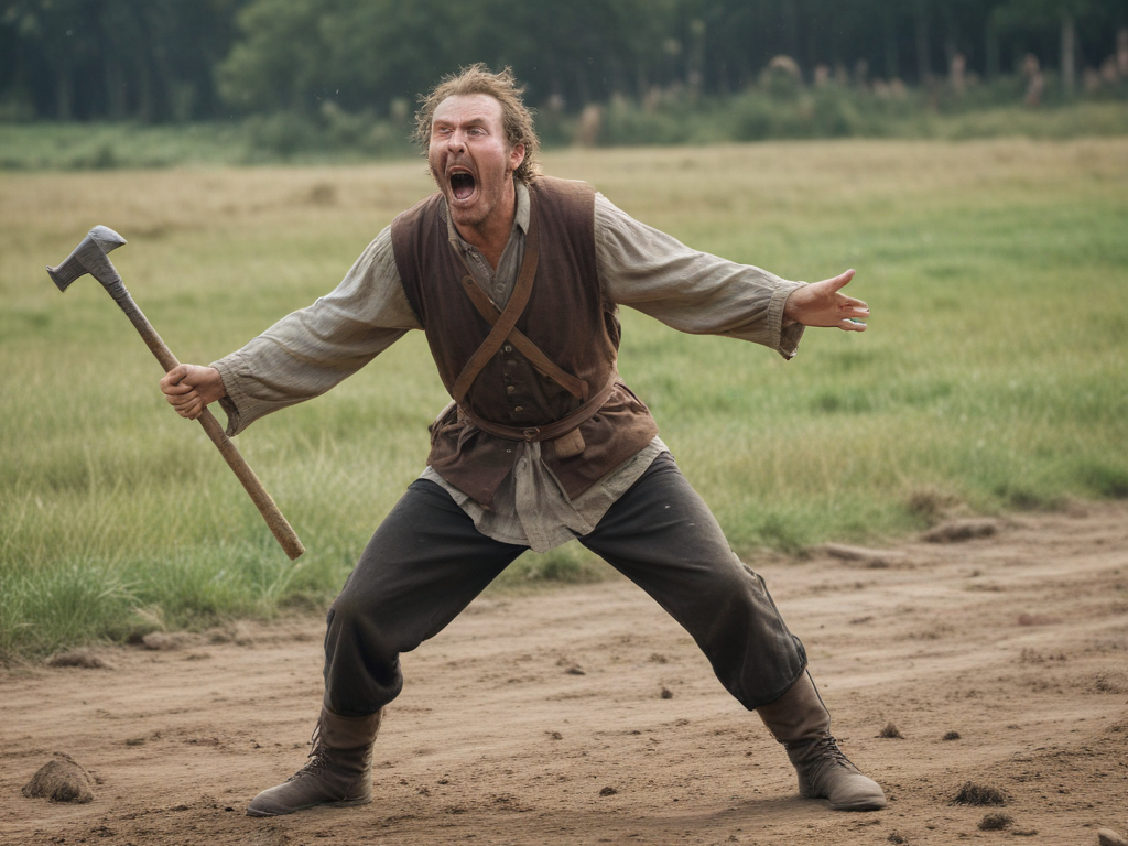 a silly looking peasant knocking people over in the middle of a ...