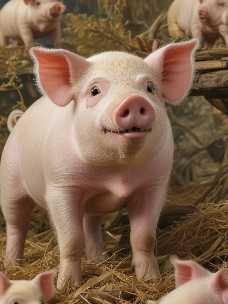A Happy Piglet Smiling Amidst a Cozy Farmyard Setting with Friends.