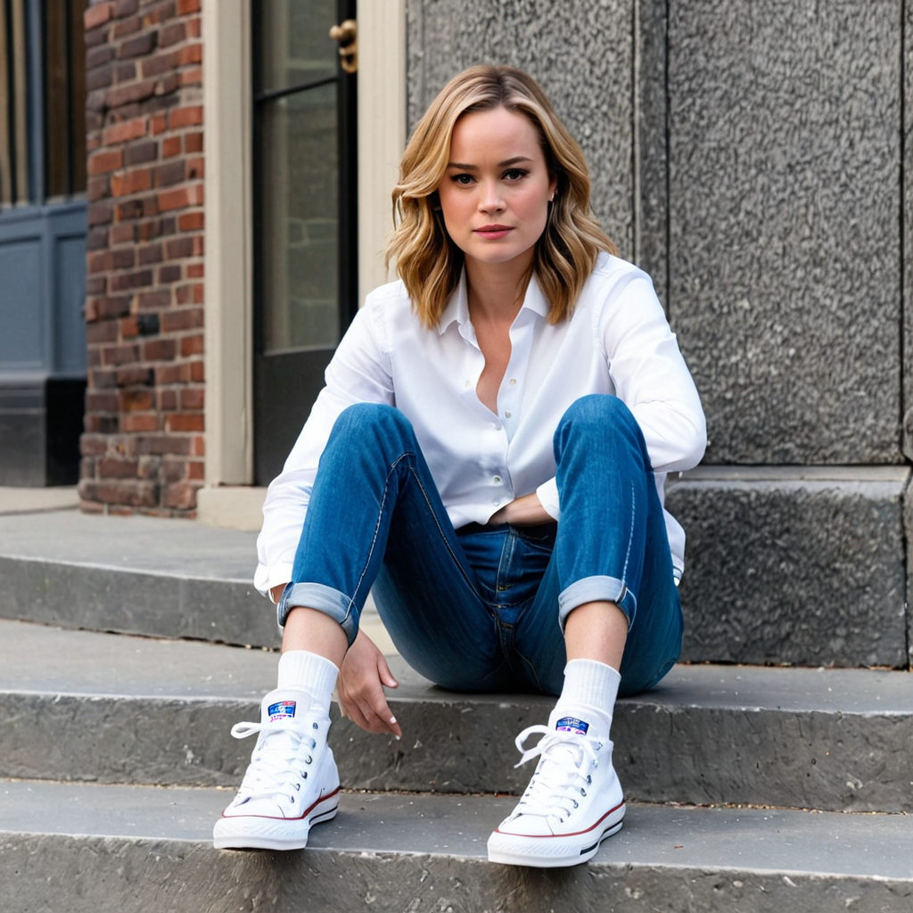 Mcu Brie Larson Carol Danvers Sitting in White Shirt, Blue Jeans, White ...
