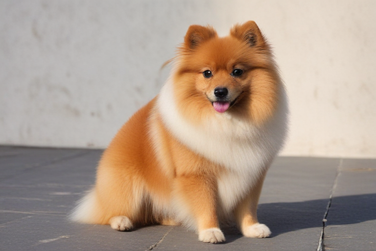 A Playful Pomeranian Dog with a Fluffy Coat Sitting Happily Outdoors.
