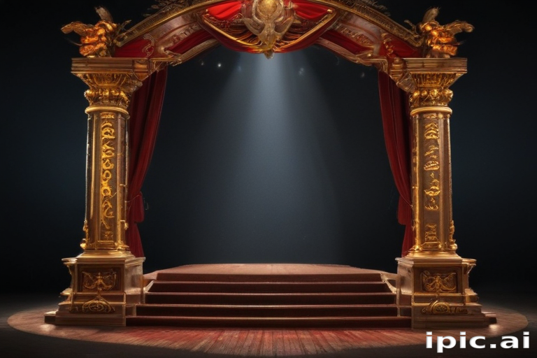 Elegant Theatrical Stage with Golden Columns and Red Drapery Spotlight