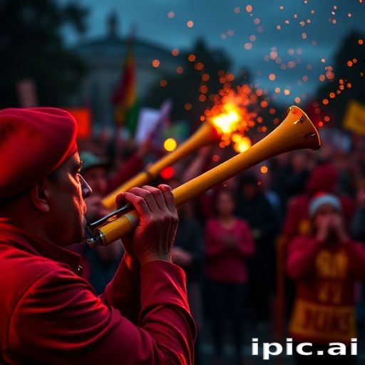 Vibrant Protest Scene: Activists Unite with Horns and Sparks in the Night