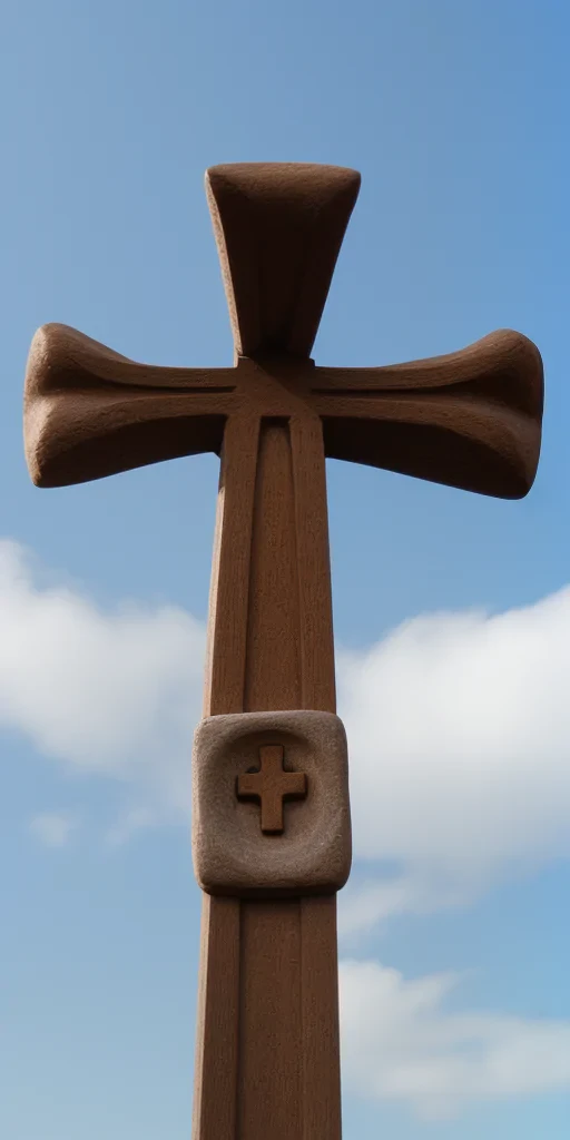 Stylized Wooden Cross Against a Bright Blue Sky with Clouds