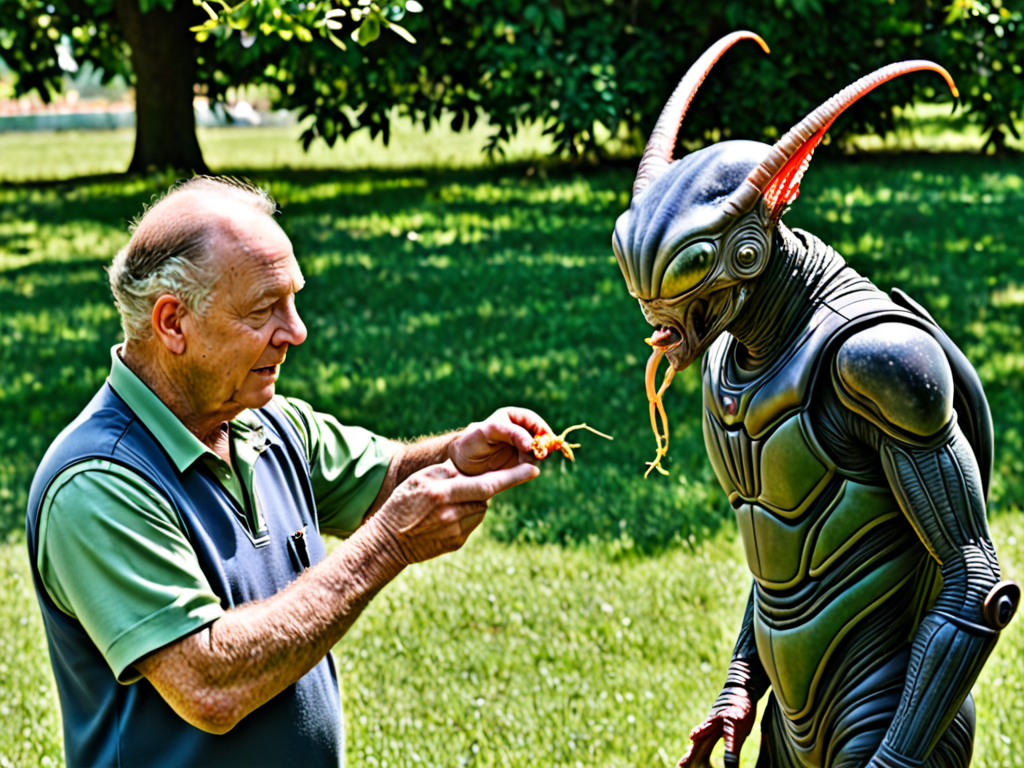 alien feeds a man with a cricket