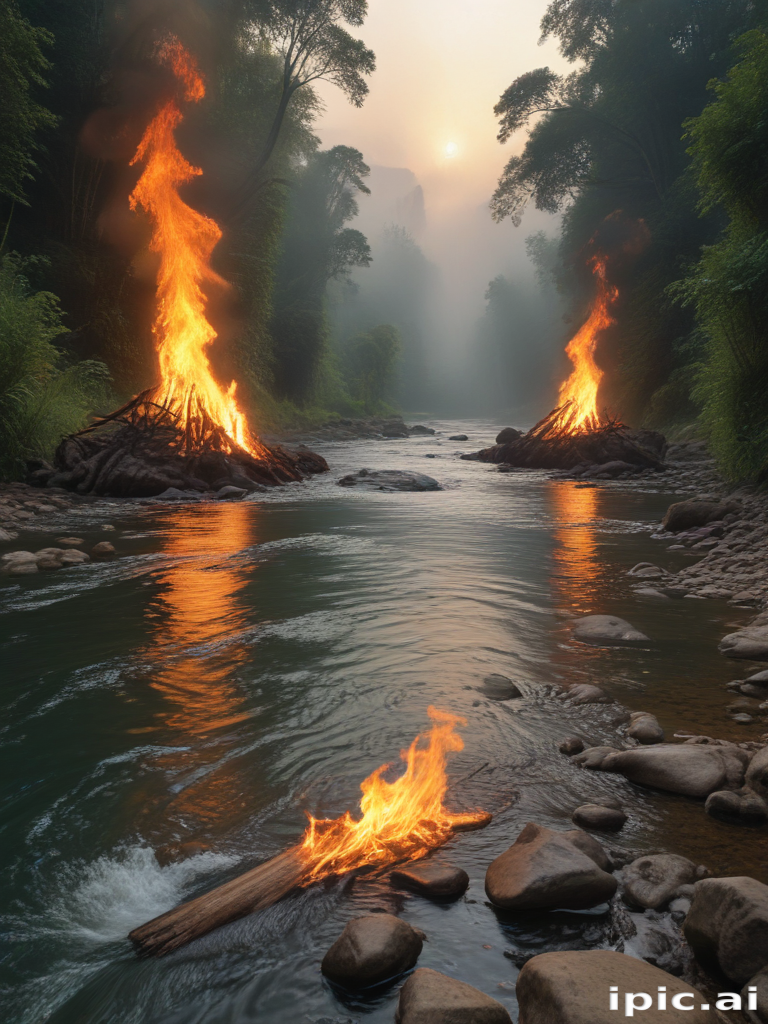 Enchanting River Scene with Fiery Bonfires Amidst Misty Forest Landscape
