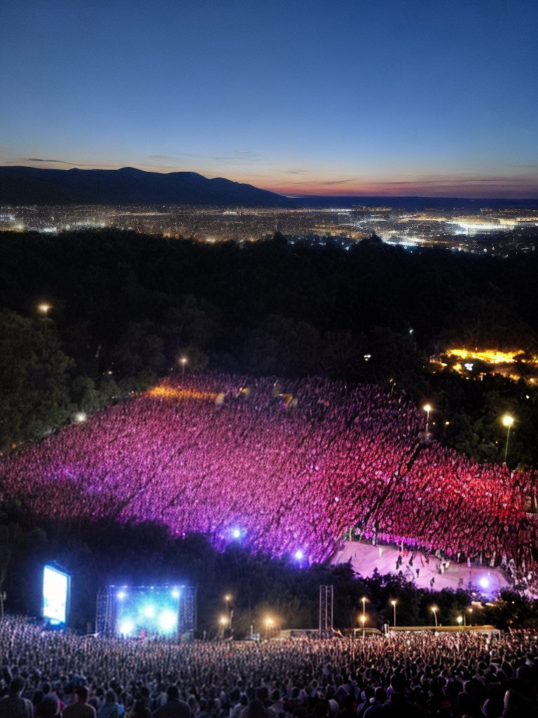 An exciting scene of an outdoor concert, with musicians and the crowd ...