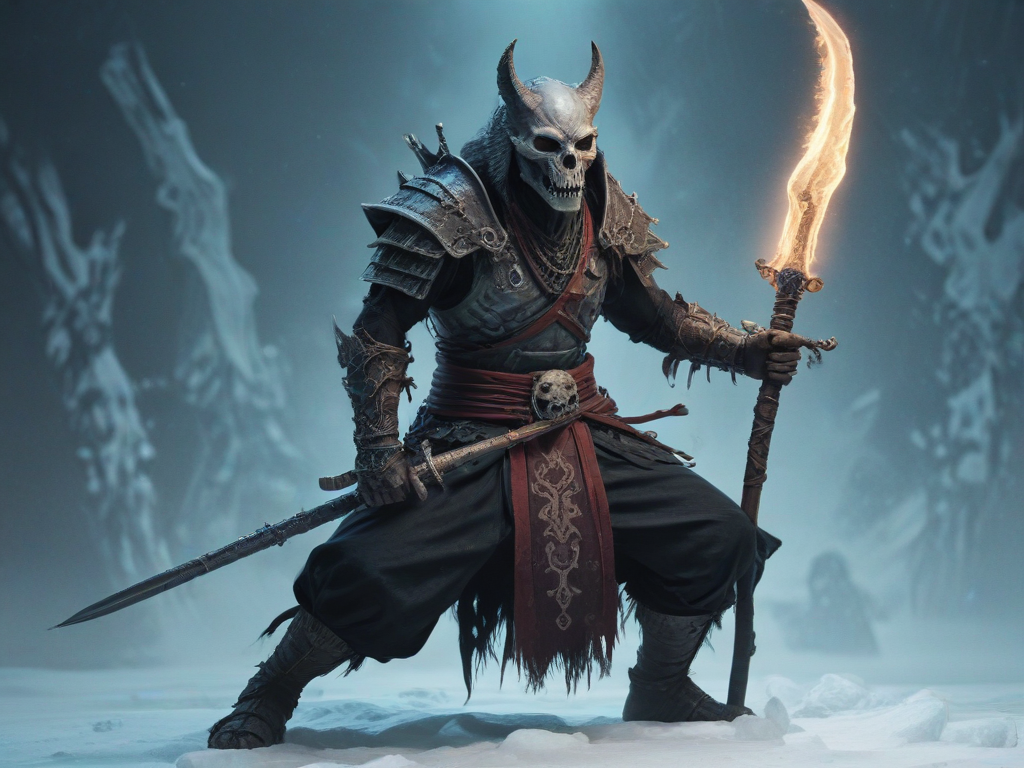 demon samurai levitating with a spear and a glowing wolf skull on an ...