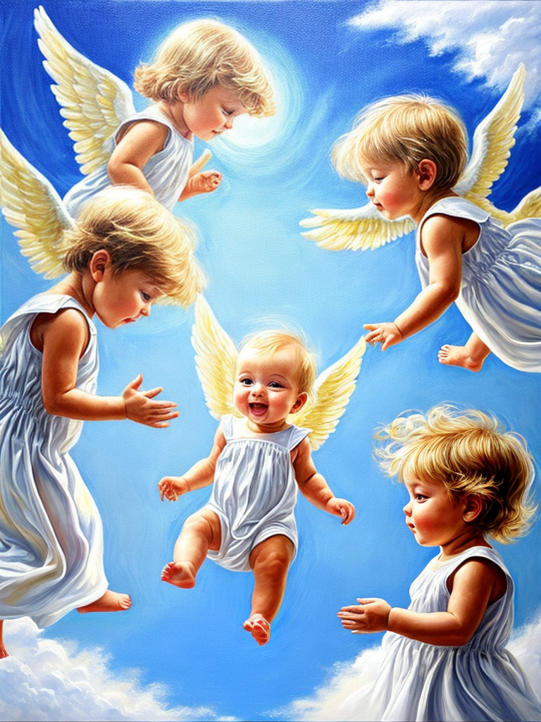 baby angels cover in white and gold in the sky oil paint cover in white ...