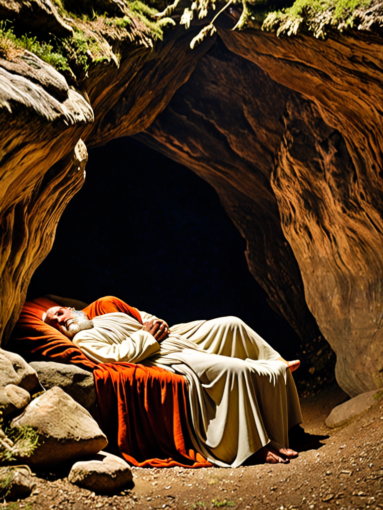 prophet Elijah sleeping in a cave being watched by an angel