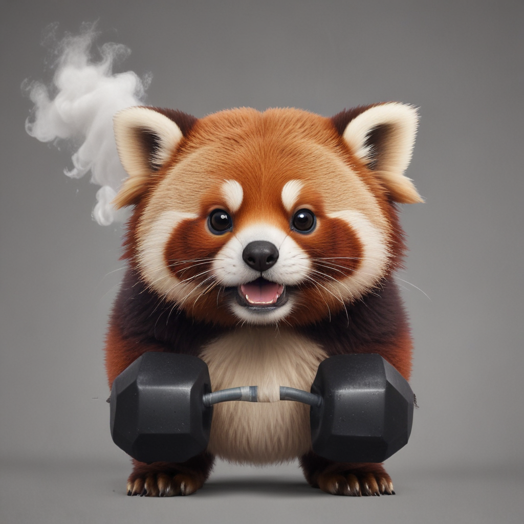 buff red panda, logo style, lifting weights, snorting smoke out of nostrils