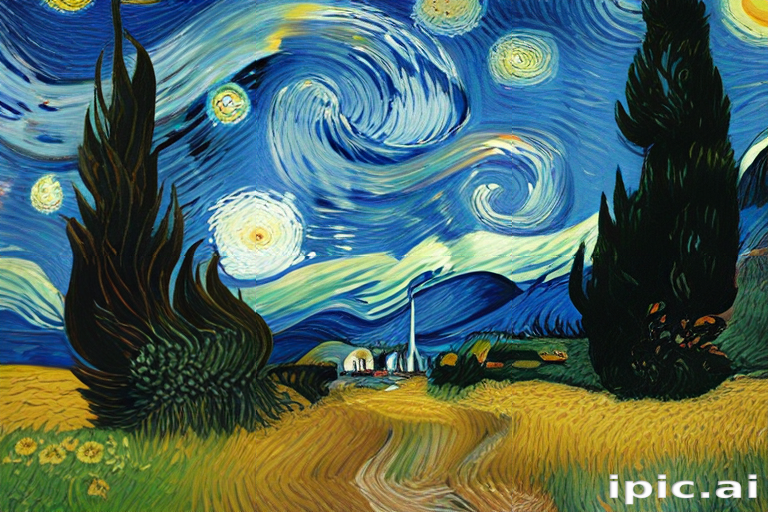 Starry Night Over a Quiet Village with Cypress Trees and Rolling Hills