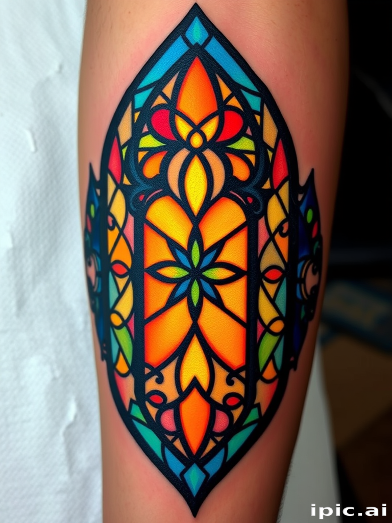 Vibrant Stained Glass Tattoo Design with Intricate Patterns and Colors