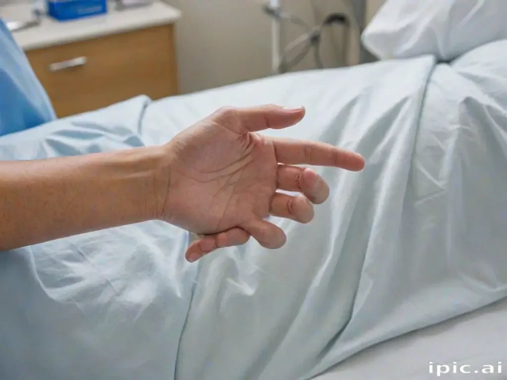 Patient's Hand Reaching Out from Hospital Bed, Seeking Comfort and Care