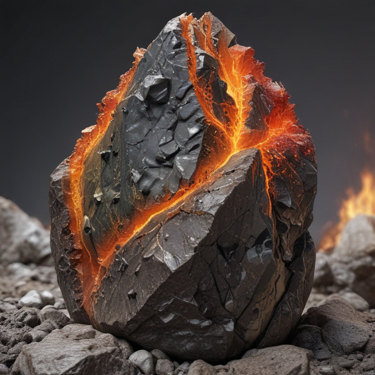 Volcanic Rock Egg Cracked Open, Revealing Fiery Lava Inside